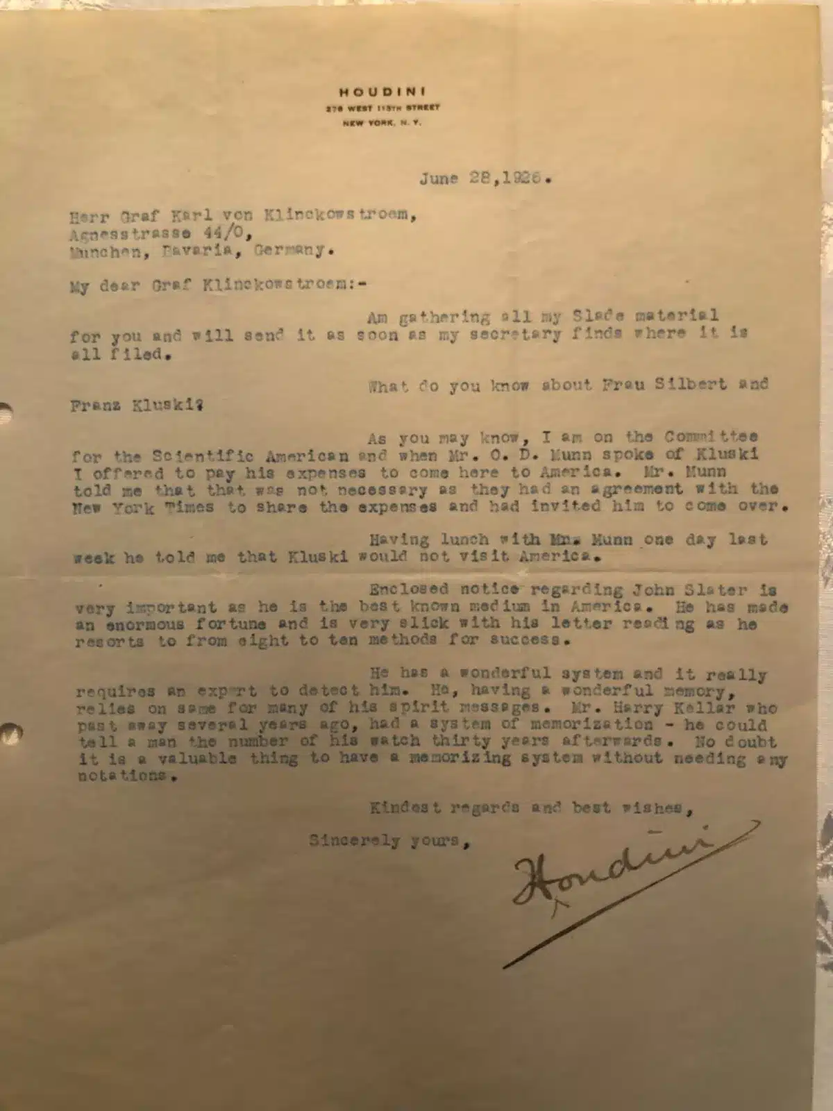 Houdini Letter June 28, 1926 - The Houdinarian Society